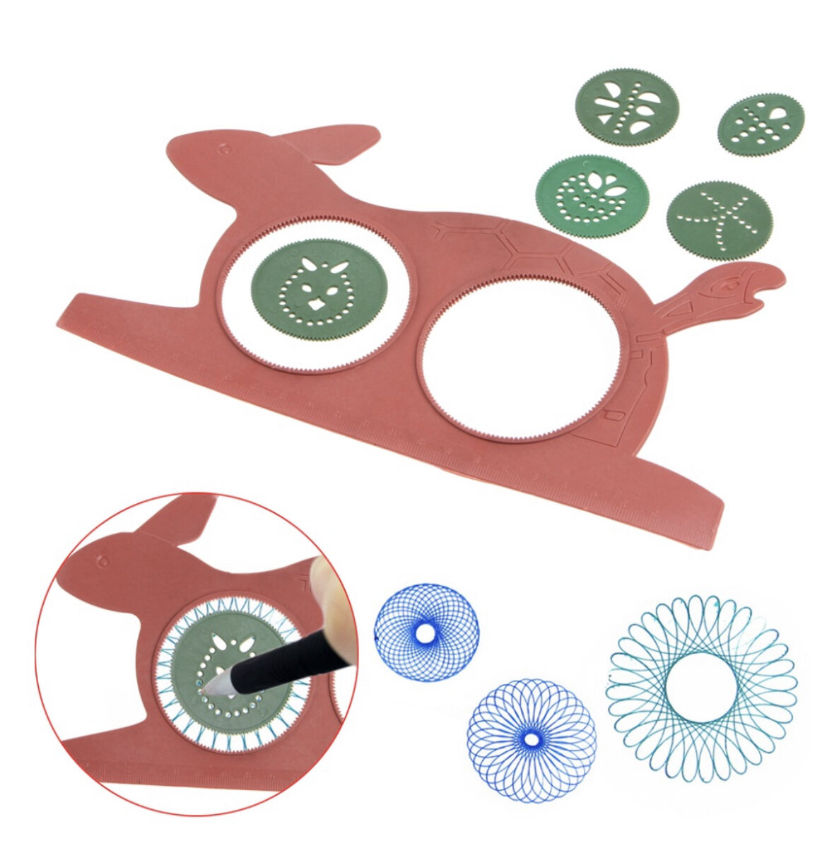 Линейка - спирограф "Зверюшки" с шестеренками (красный)