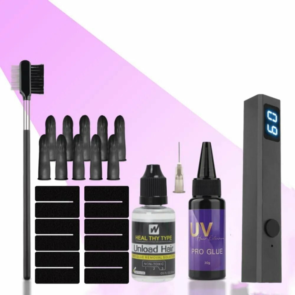 Полный набор для UV-наращивания волос: лампа, клей, средство для снятия и аксессуары, быстрый и невидимый комплект для удлинения волос