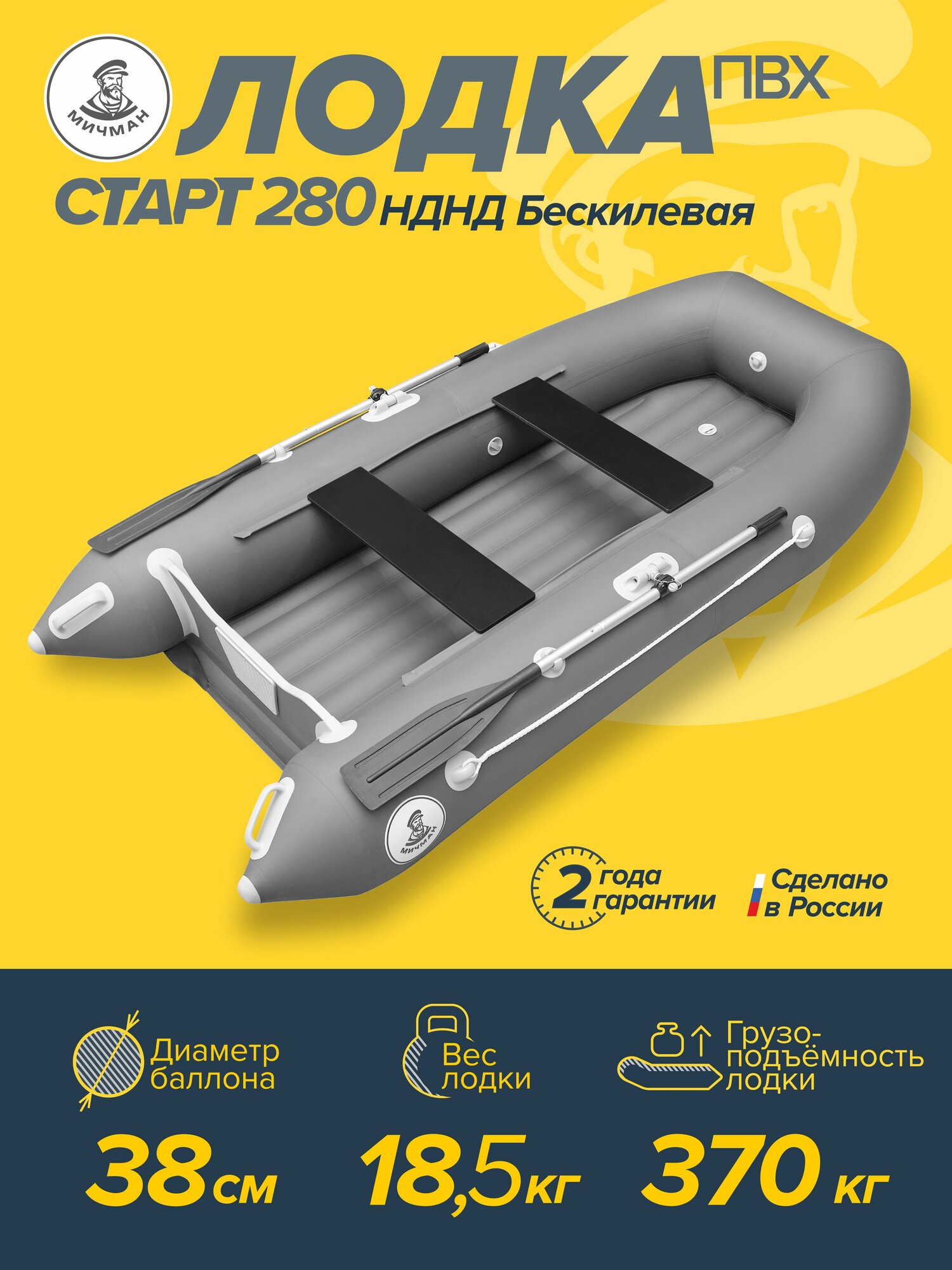 Лодка ПВХ под мотор НДНД бескилевая Мичман 280 надувная для рыбалки (серая)