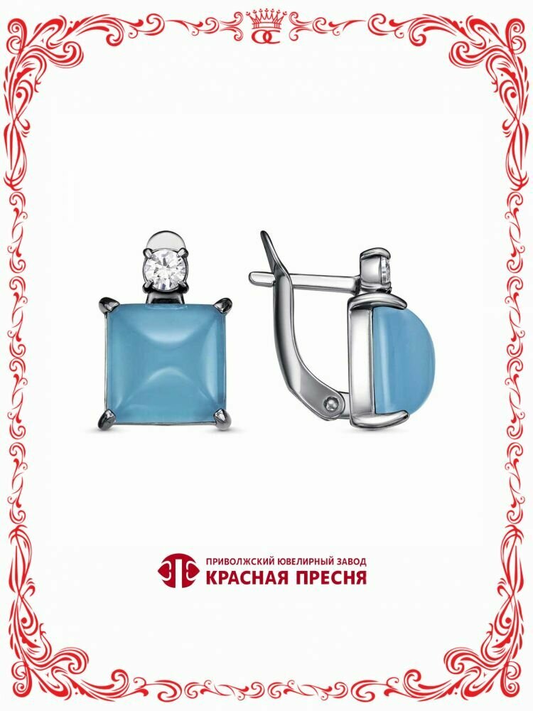 Серьги, халцедон синтетический, фианит