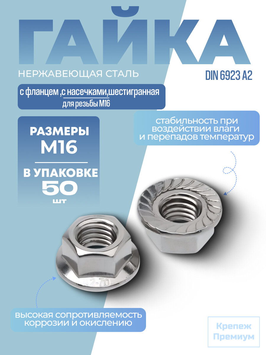 Гайка DIN 6923 А2 M 16 с фланцем с насечками шестигранная в упак 50 шт