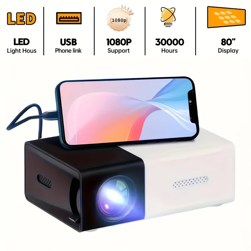 Мини HD проектор с динамиками, 3D и 80-дюймовым дисплеем, USB подключение, настольное крепление, пульт дистанционного управления, соотношение сторон 4:3, питание 110-130В, портативный домашний кинотеатр, US вилка.