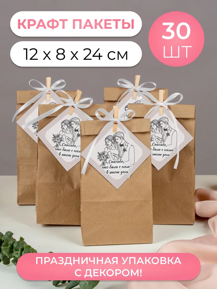 Набор бумажных подарочных пакетов с прищепками и бирками 30 шт