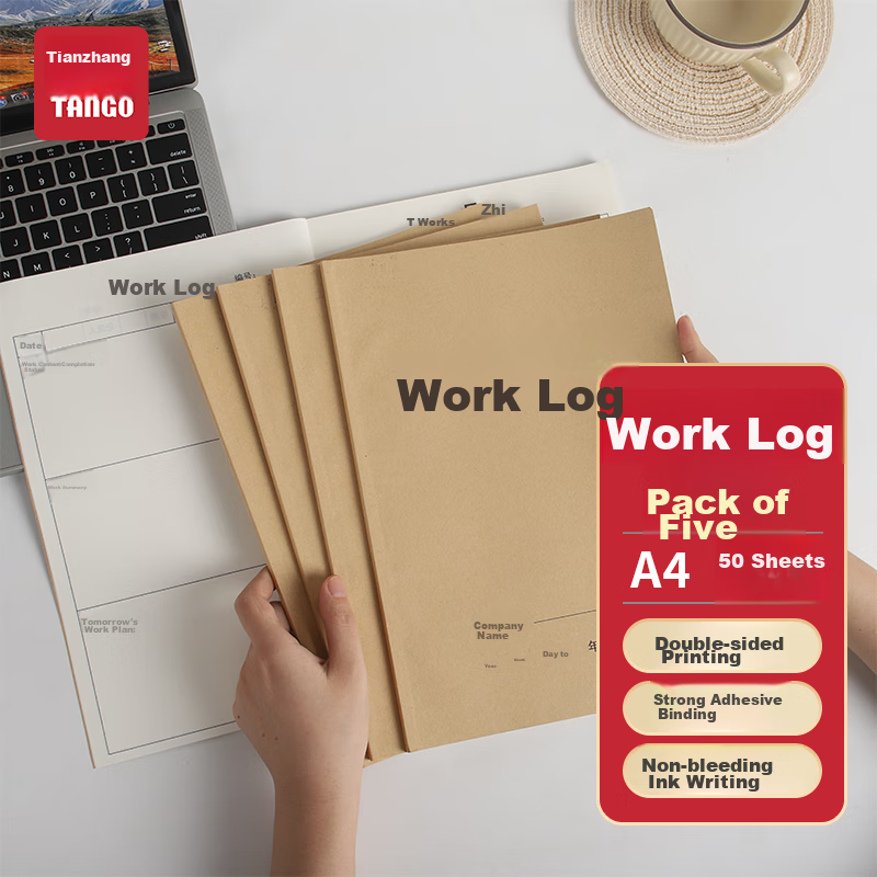TANGO A4 Work Diary Notebook Office Record Book, Thickened Kraft Paper Cover, Engineering Plan Diary, To-Do List, 50 Sheets, 5-Pack
