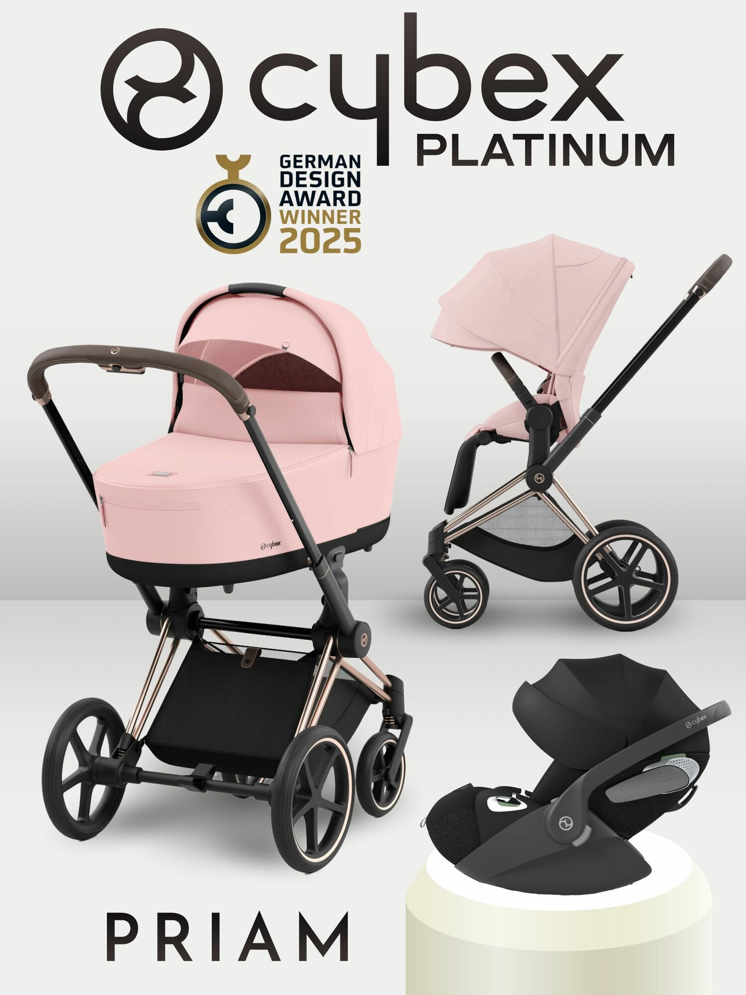 Cybex Priam IV 3 в 1 Rosegold цвет Peach Pink с автокреслом Cybex Cloud T i-Size Sepia Blacк, коляска