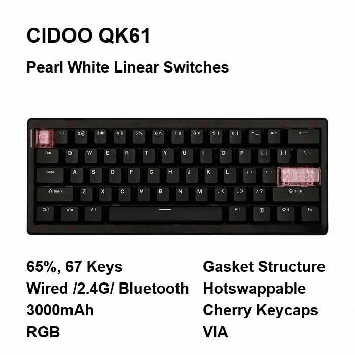 Cidoo Игровая клавиатура беспроводная QK61 V2, Английская раскладка, черный