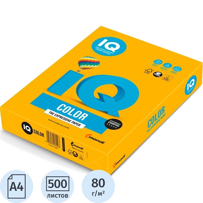 Бумага цветная IQ COLOR (А4,80г, SY40-солнечно-желтый) пачка 500л.
