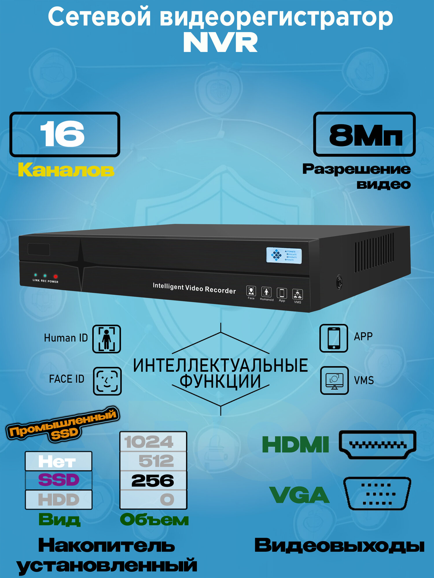 Видеорегистратор сетевой ARVISION NVR-RBB01016K-AO SSD-256GB,1хSATA/16каналов/8Мп/80Мб/1xHDMI+1xVGA/Аудио вых. Jack 3,5мм/RJ45-100Мб/2xUSB2.0