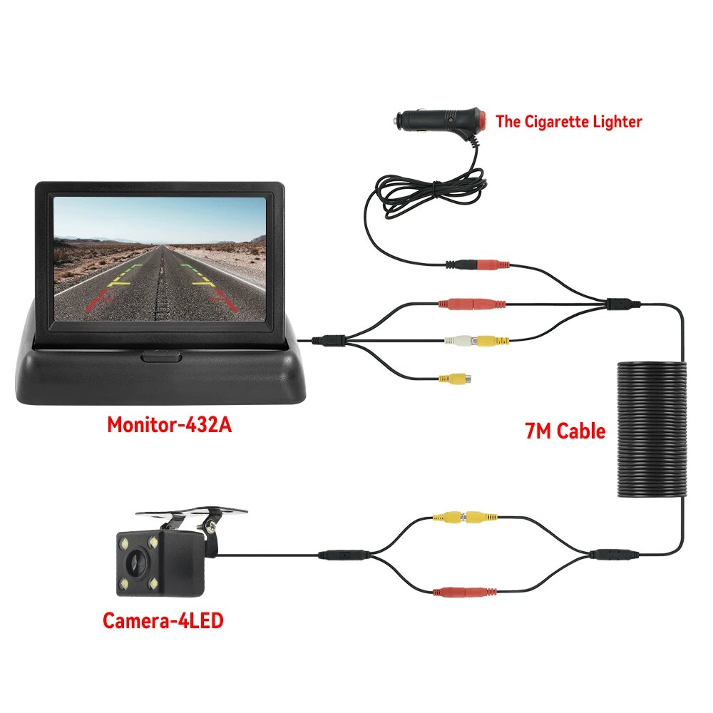 Складной автомобильный монитор с TFT LCD HD-экраном 4,3 и камерой заднего вида, светодиодный резервный светильник для парковки транспортных средств, простая установка, 432A-CL-4LED-7M