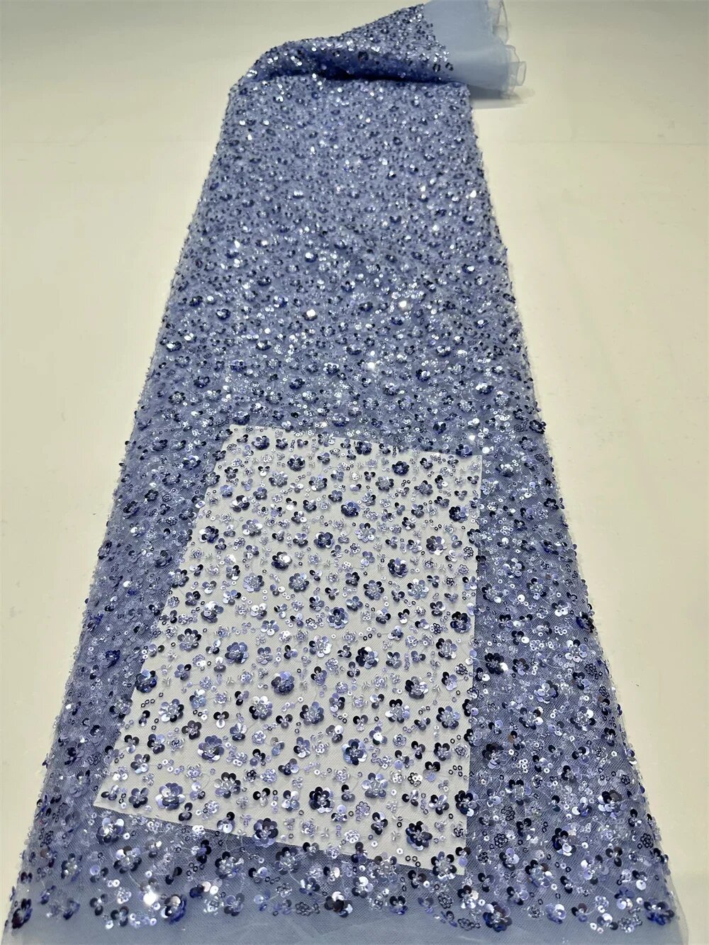 Африканская кружевная ткань с золотыми блестками и бисером Синий, As picture10, 5 ярдов