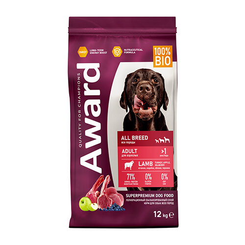 Сухой корм Авард для взрослых собак всех пород Ягненок индейка яблоко черника 12 кг