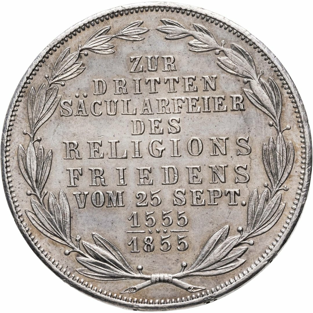 Франкфурт 2 гульдена 1855 "300 лет религиозному миру", Серебро, в сохранности AU