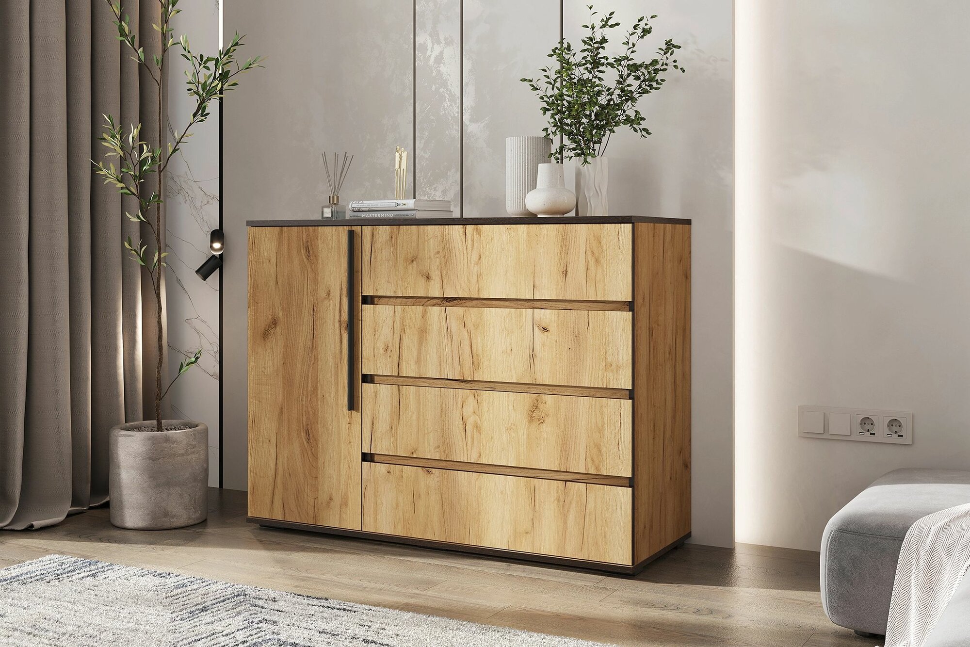 Комод Форд дуб крафт, с 4-мя выдвижными ящиками для белья, 120х45х90 см