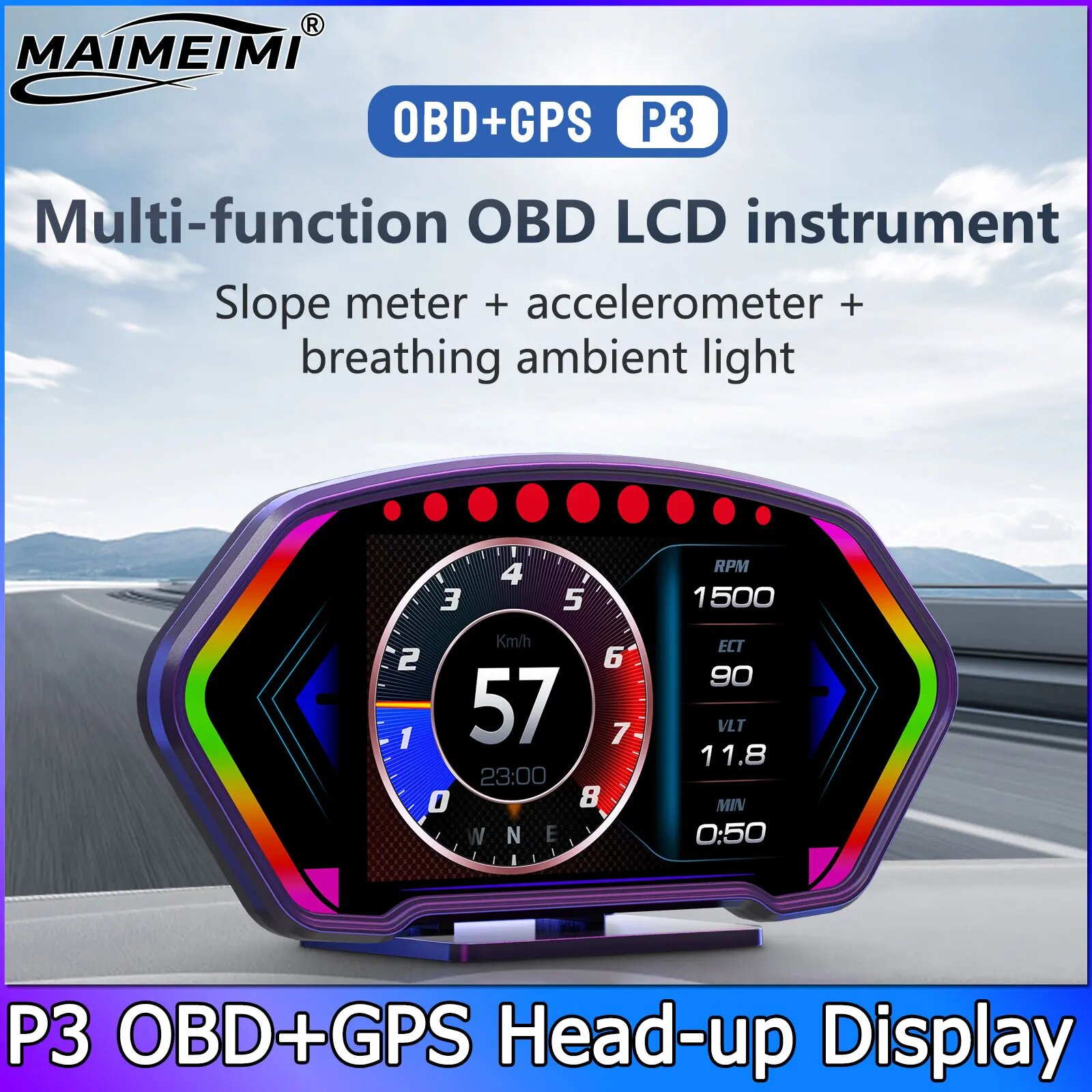 P3 GPS Спидеметр HUD OBD2 Проекционный дисплей Бортовой компьютер Автомобильный измеритель напряжения об/мин Температура воды Измеритель наклона с датчиком сигнализации