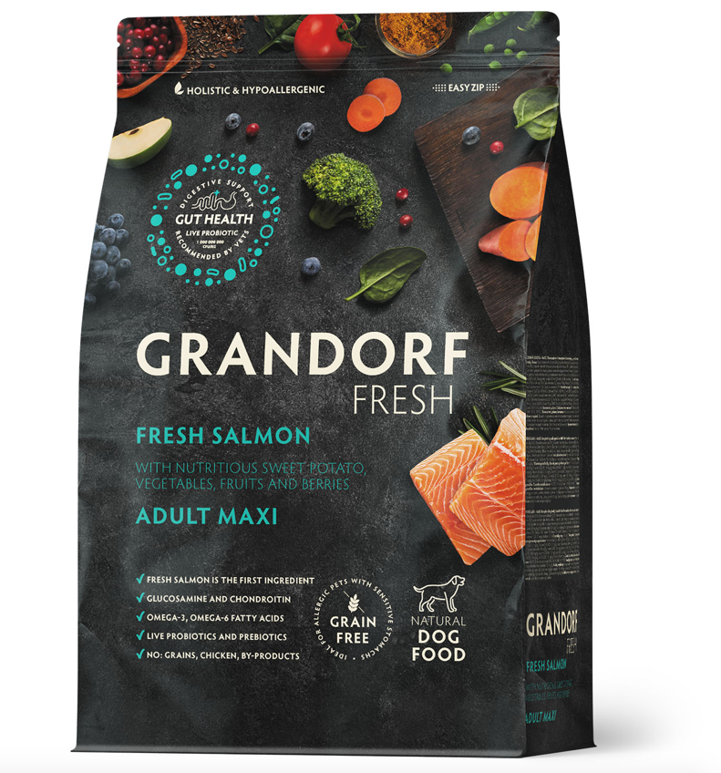 Сухой корм GRANDORF Fresh для взрослых собак крупных пород, с филе лосося и бататом, 10 кг