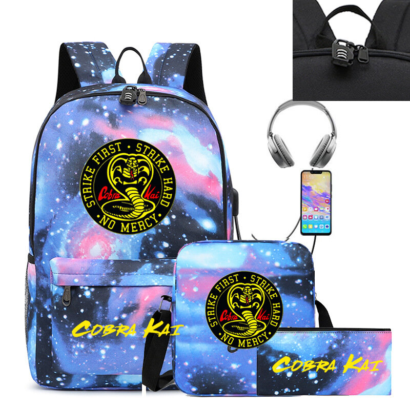 Новый американский сериал «Каратэ», детский рюкзак «Кобра», сумка для ручек, сумка на одно плечо, парусиновая школьная сумка из трех предметов 01