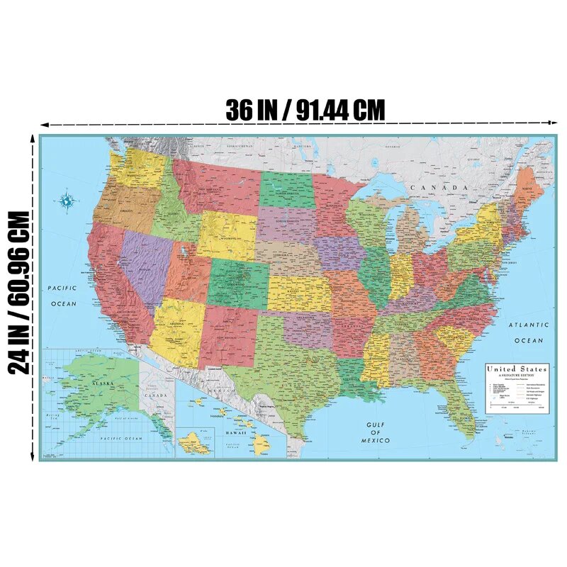 Холст Американская административная карта США без рамы на английском языке, художественные фотографии, украшение для офиса, настенный декор, карта, школьные принадлежности
