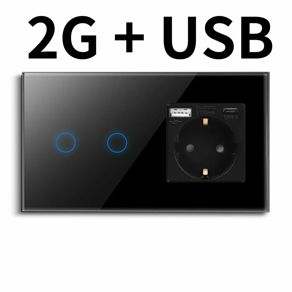 Сенсорный Выключатель двухклавишный с розетками с USB и type-C ,1 клавиша 1 розетки, панель стекло Черный,157mm