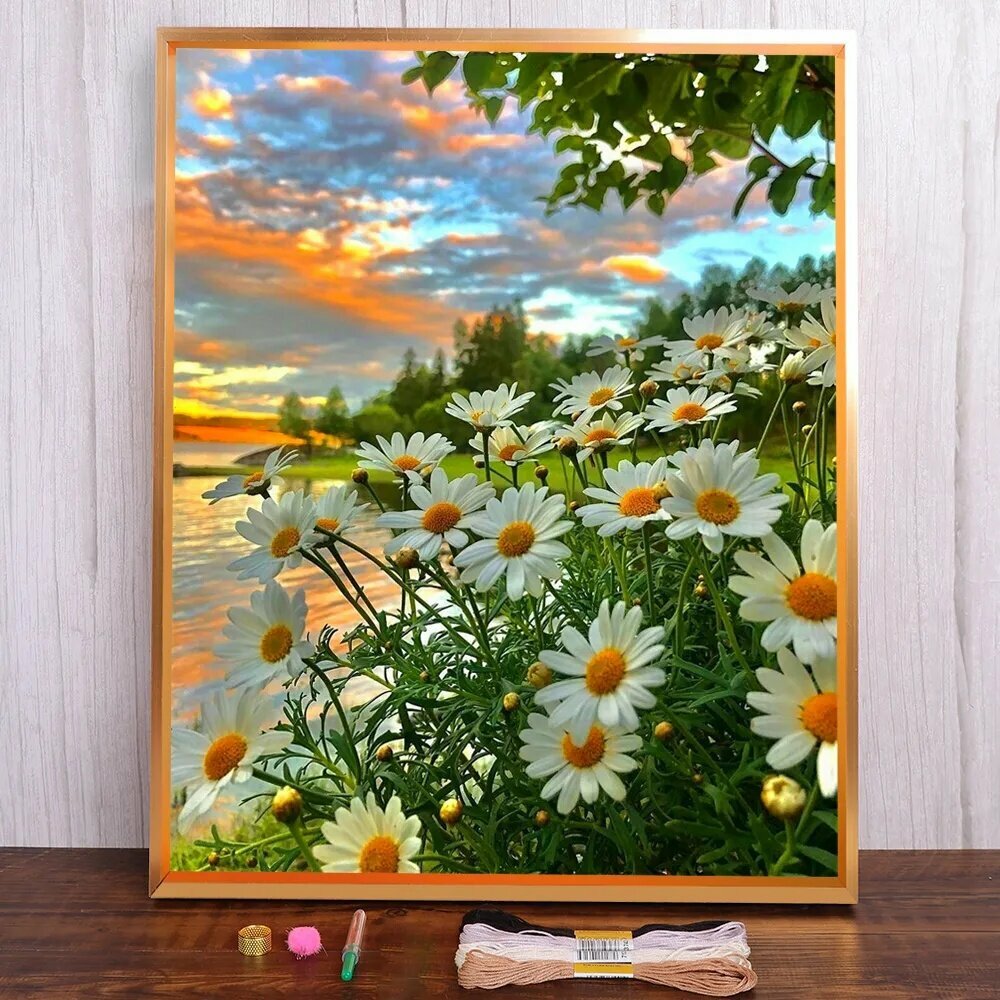 Набор для вышивания, 60x80 см, чистая канва с сетчатым полотном, белые хризантемы, подходит для начинающих.