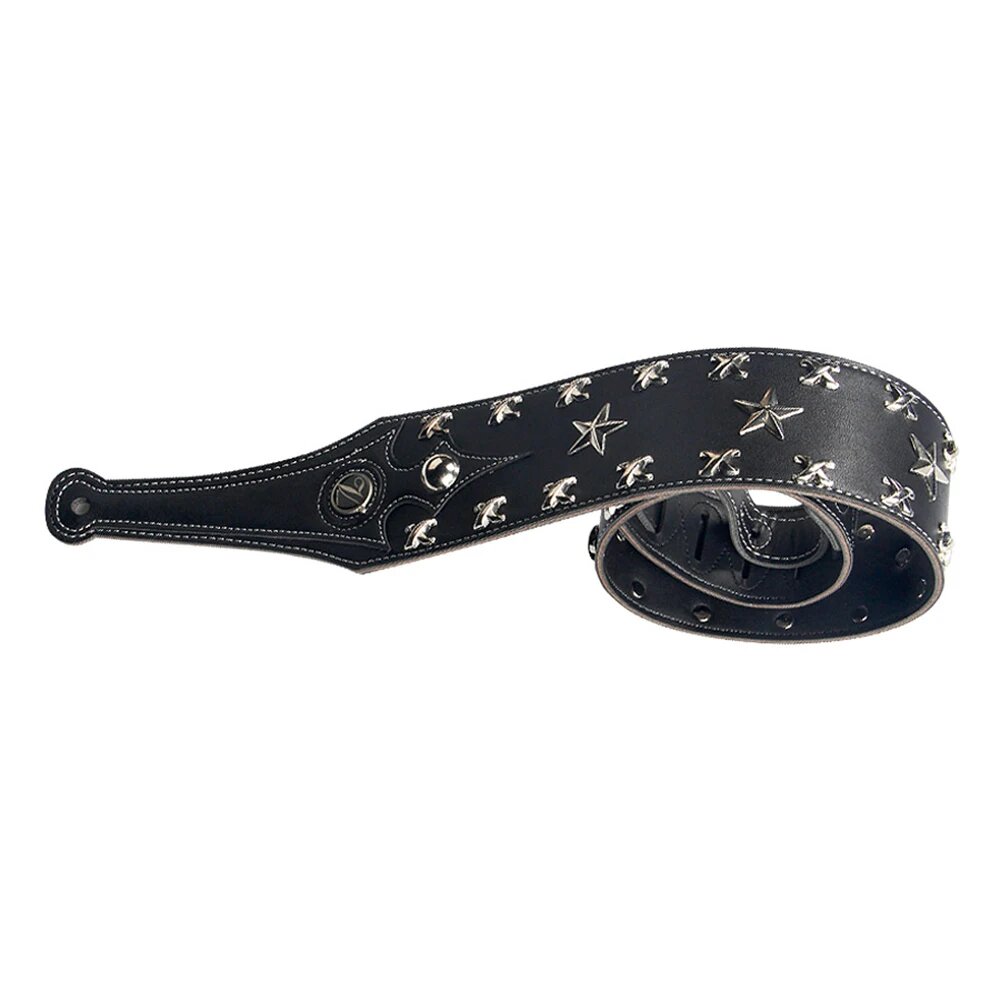Черный гитарный ремешок из натуральной кожи с металлическим украшением в виде звезды, прочный гитарный ремень в стиле рок для акустической электрогитары, бас-гитары