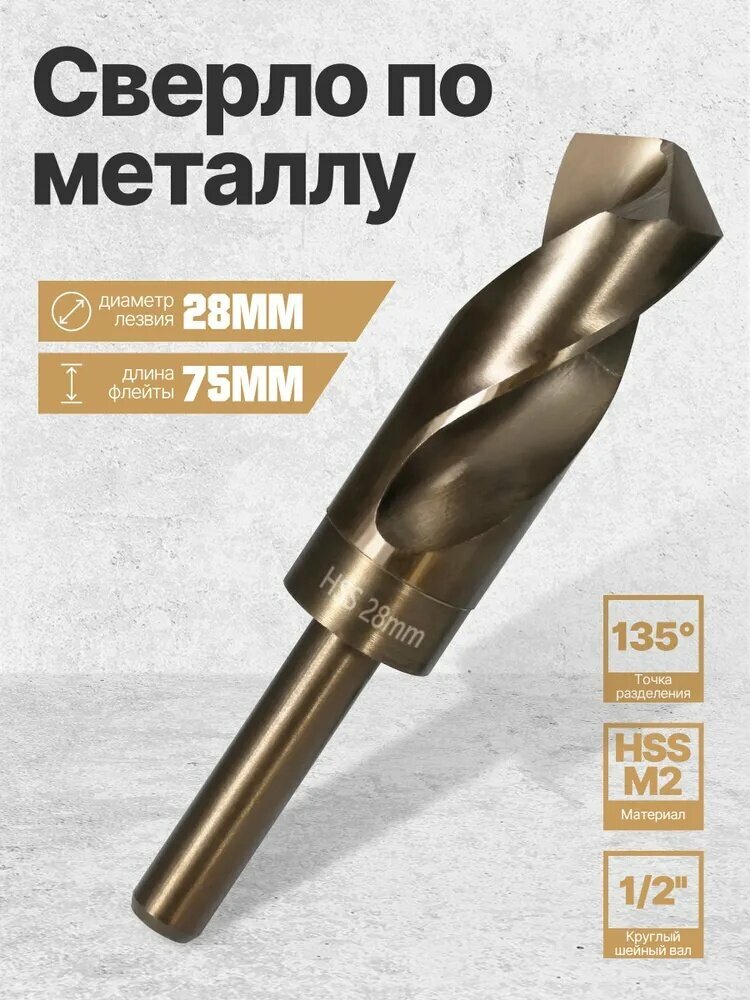 1 шт сверло по металлу 28мм, HSS M2 с уменьшенным хвостовиком, хвостовик 12,7 мм, стандарта Сильвер-Деминг, для нержавеющей стали, алюминия, дерева и пластика