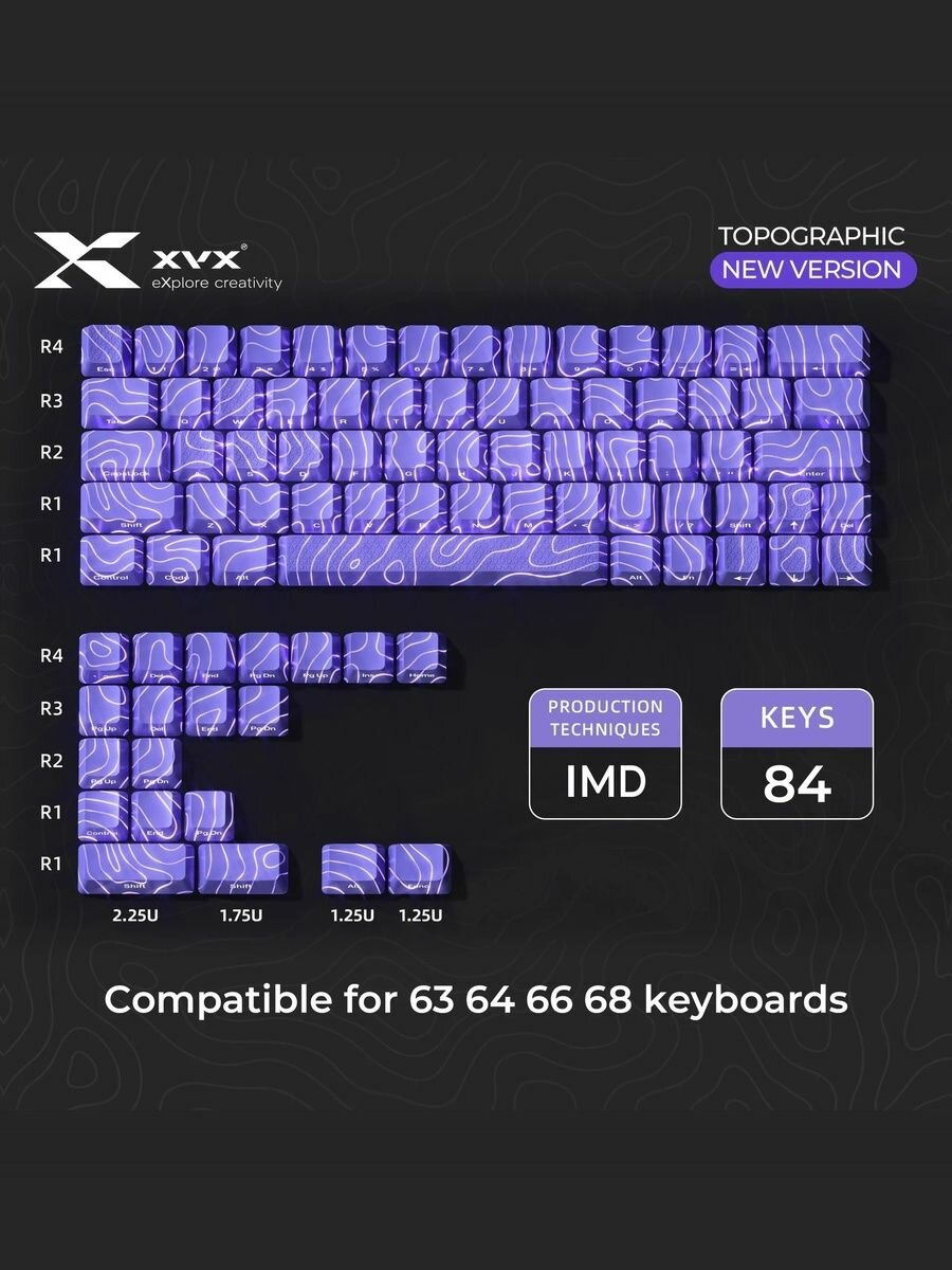 Кейкапы для механической клавиатуры XVX Topographic 2.0, 84 Keys, Purple, OEM, IMD