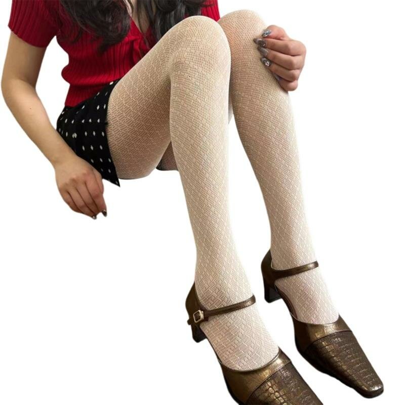 Женские винтажные сетчатые колготки с ромбовидным узором, Белый