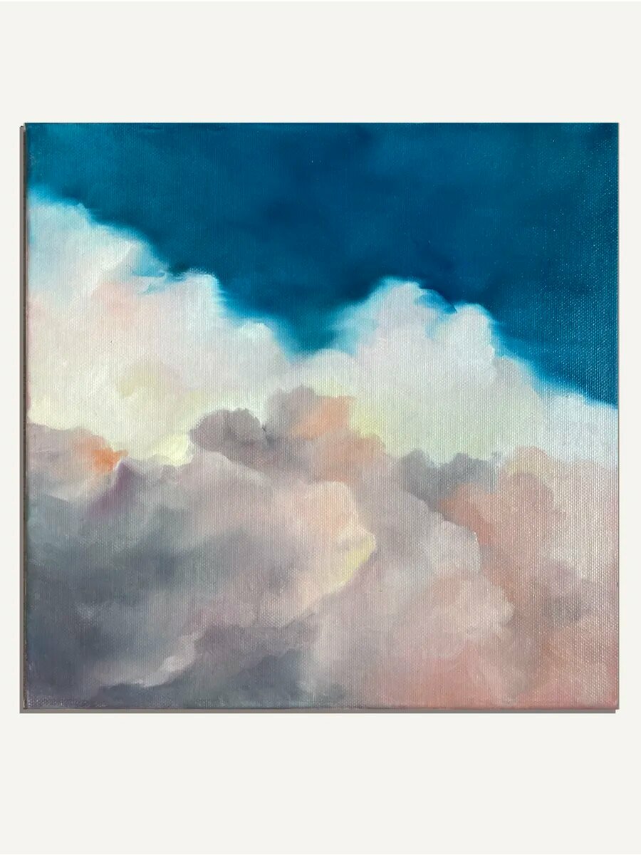 Картина масляными красками. Облака на синем небе 30*30*2см