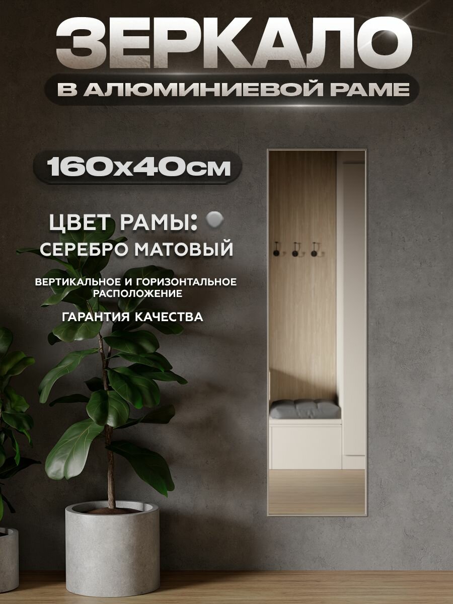 Зеркало интерьерное в алюминиевой раме настенное ONE MIRROR 160х40см. Серебро