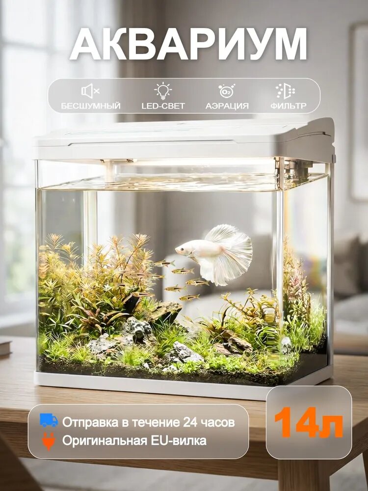 ZHONE Аквариум 19 л прямоугольный с LED-подсветкой и фильтром, стекло 5 мм, для начинающих, для дома,30*19.5*32 см