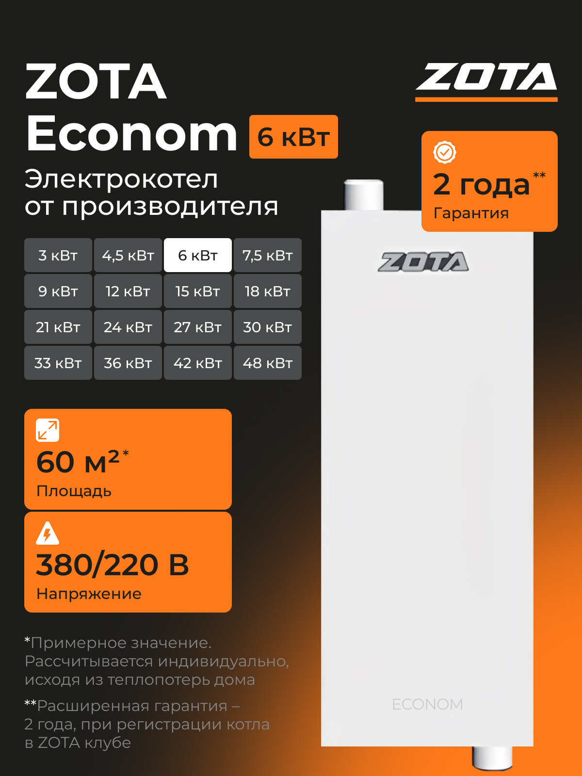 Котел электрический отопления ZOTA Econom V2 6 кВт (60м2), электрокотел c ПУ на электромагнитных реле ZE3468421206