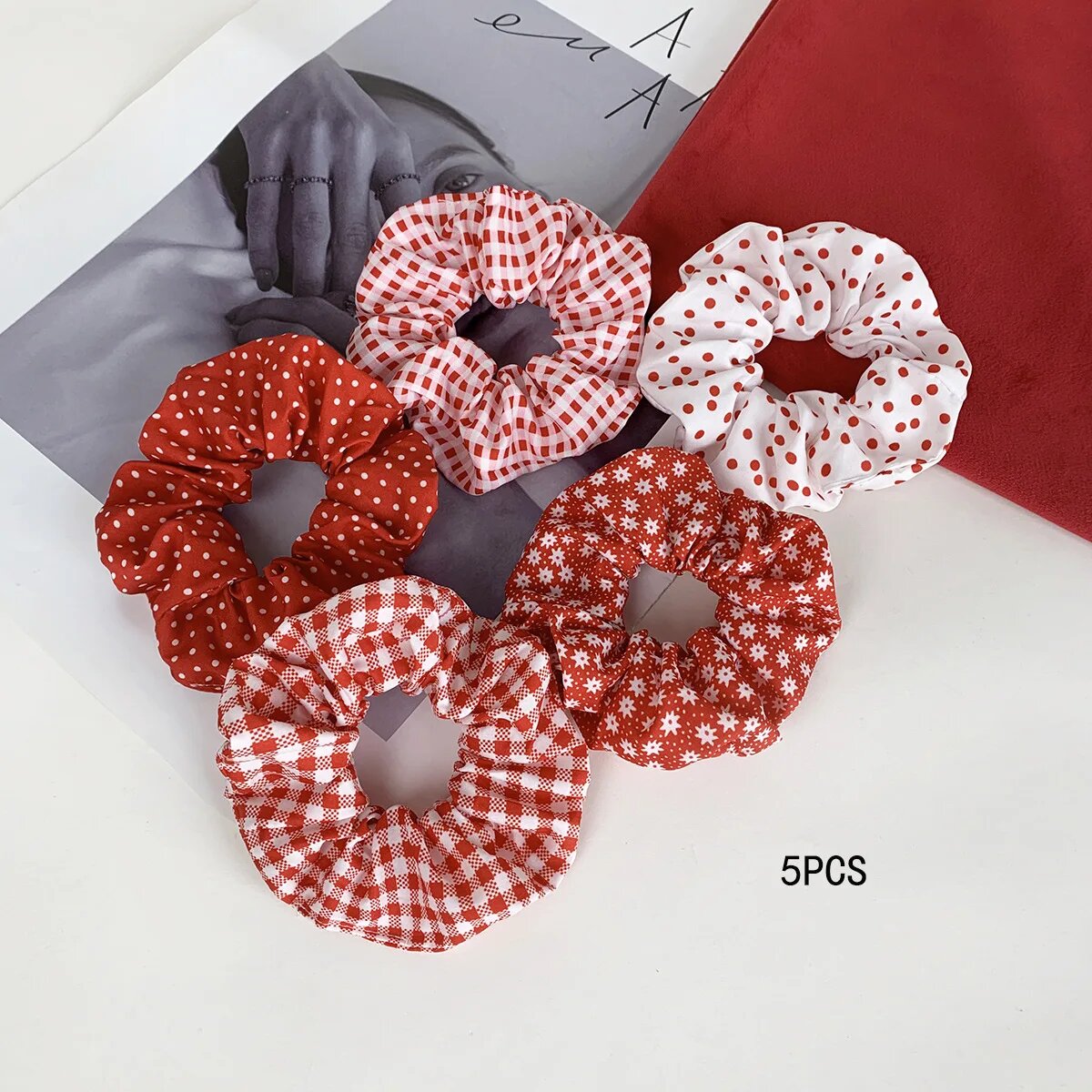 Резинки для волос с принтом в горошек, 5 шт. Красный, 5Pcs Red