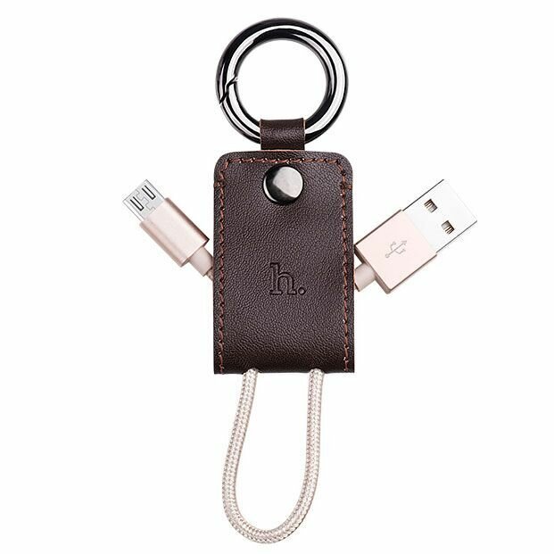 Кожаный кабель брелок Micro USB, UPM19 Key Chain Portable Charging Cable, коричневый