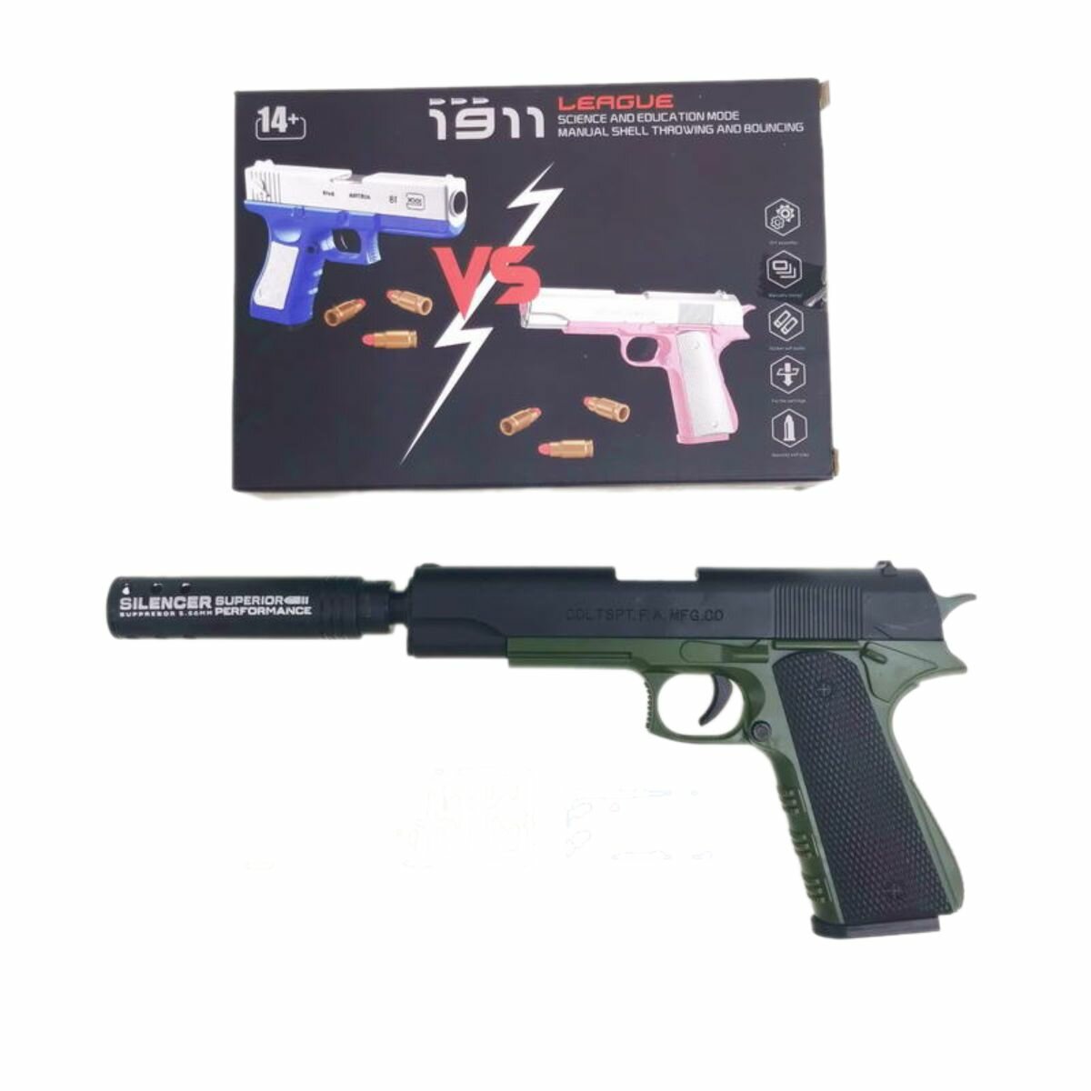 Пистолет игрушечный Colt M1911, стреляет мягкими пулями, гильзы вылетают, глушитель