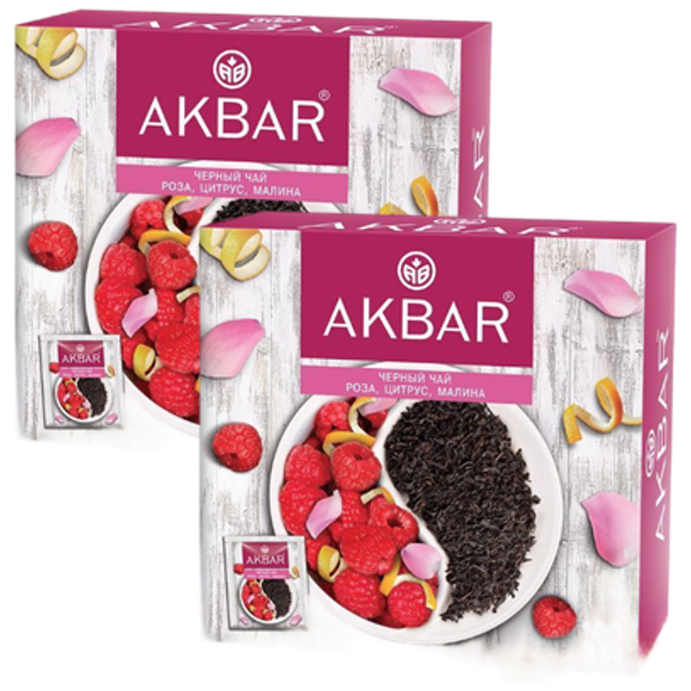Чай черный Акбар Роза, Цитрус, Малина 100 пакетиков 2 штуки