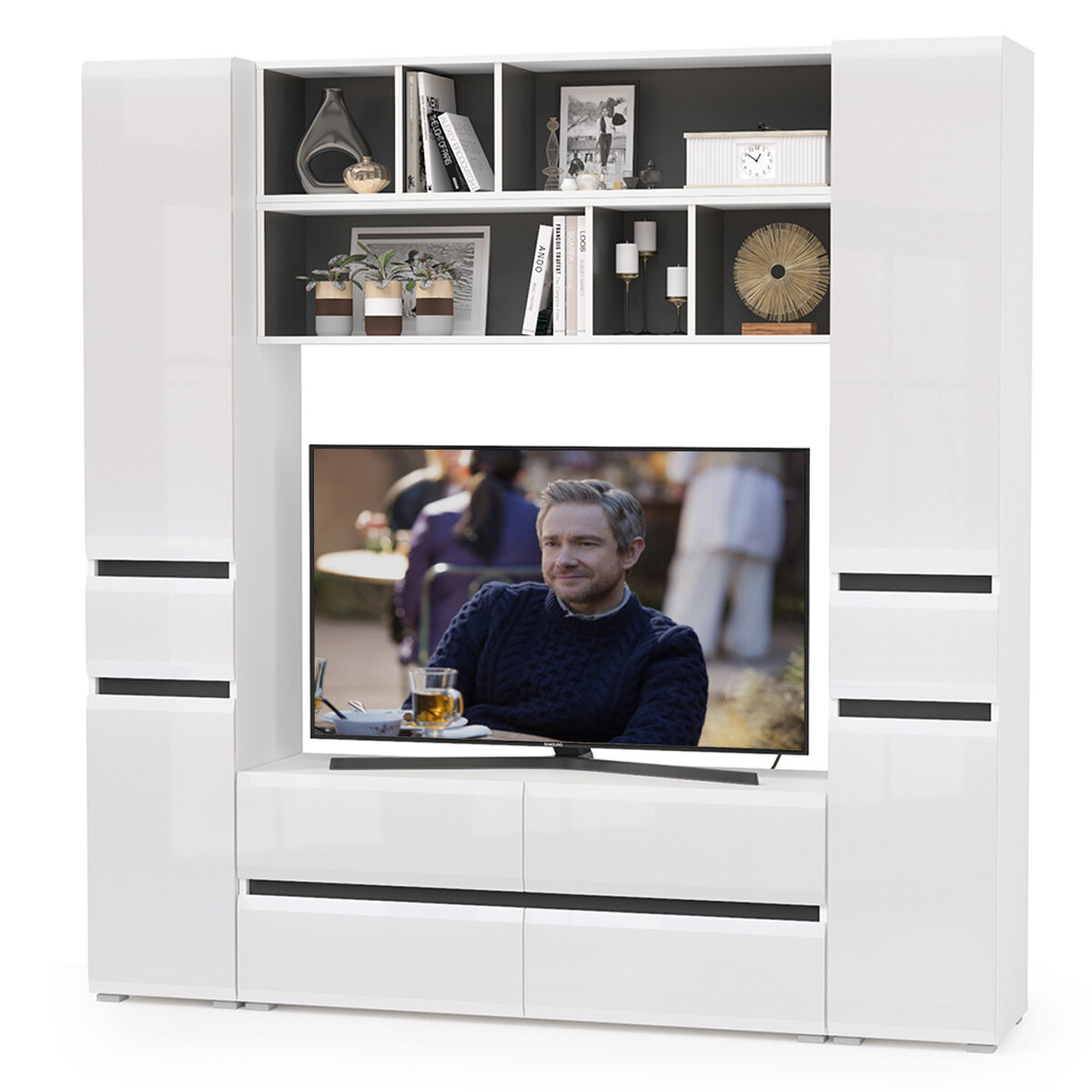 Стенка в гостиную Mobi Сидней № 40, цвет корпус: белый/чёрный/фасады: МДФ белый глянец