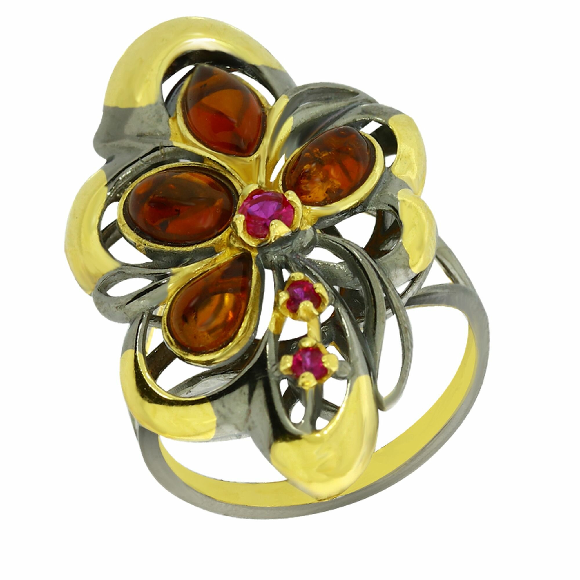 Кольцо, серебро, 925 проба, фианит, янтарь