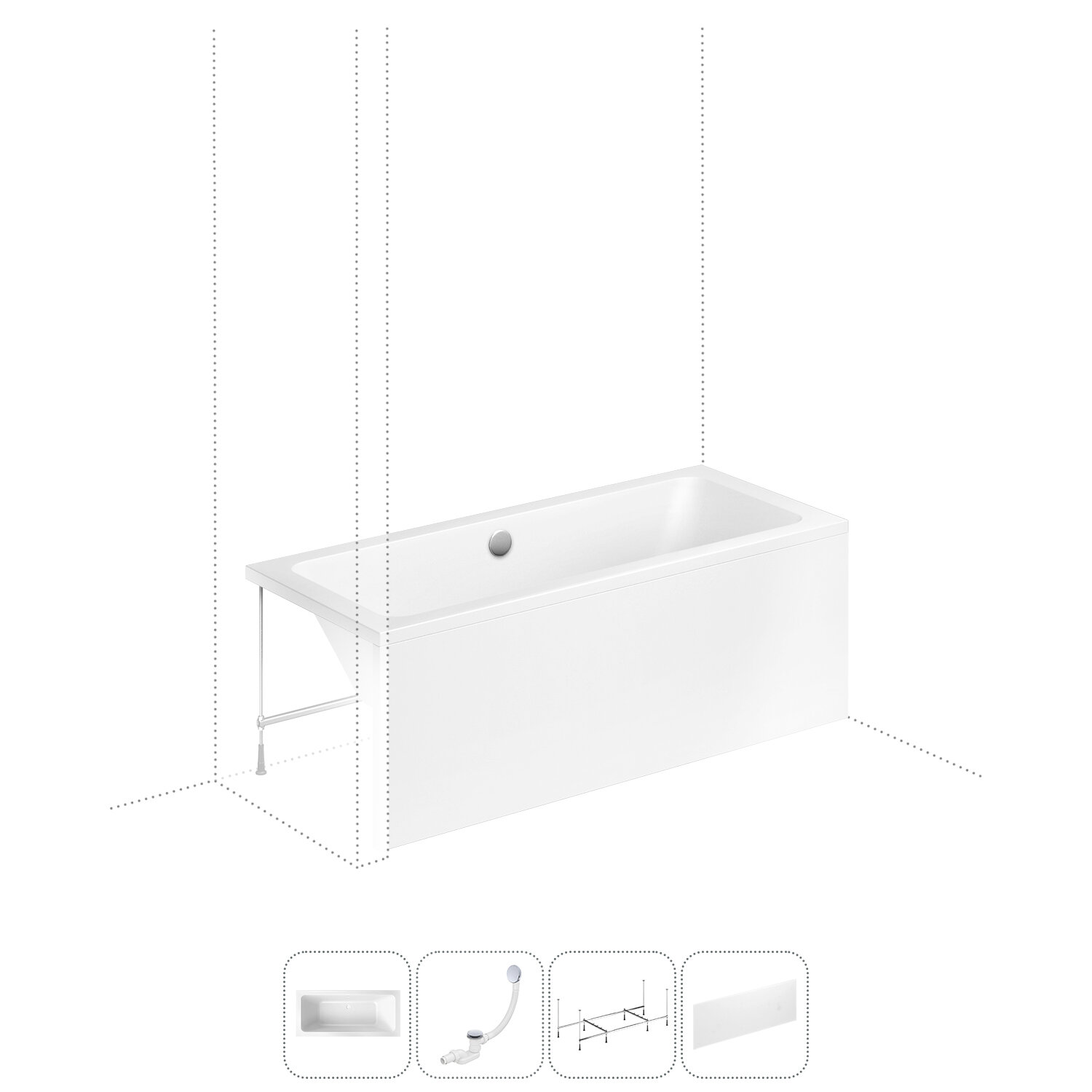 Акриловая ванна 170x75 с каркасом и экраном Lavinia Boho Pure 202011118 в наборе 4 в 1: прямоугольная ванна 170 x 75 см, слив-перелив, каркас, экран