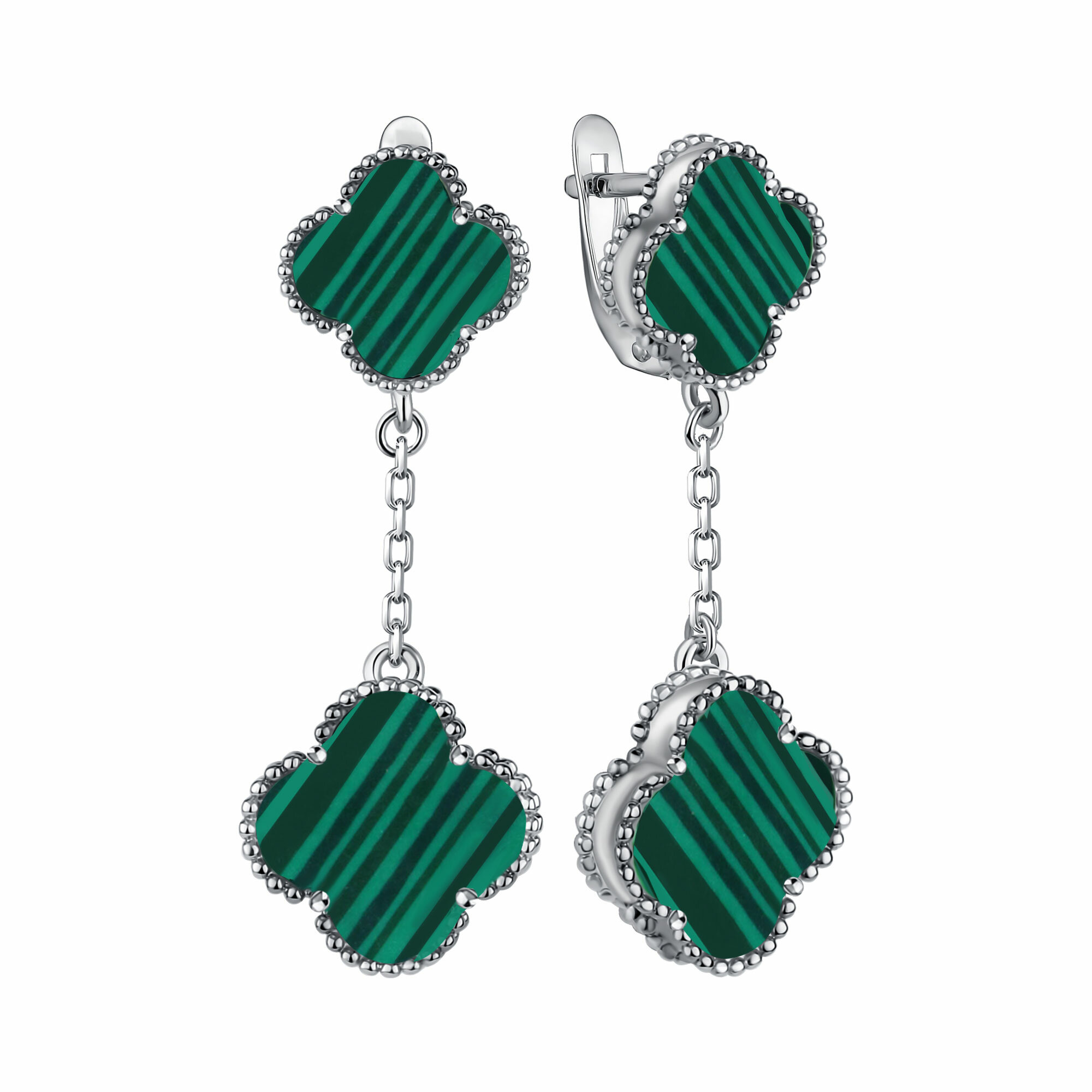 Серьги, серебро, 925 проба, родирование, малахит