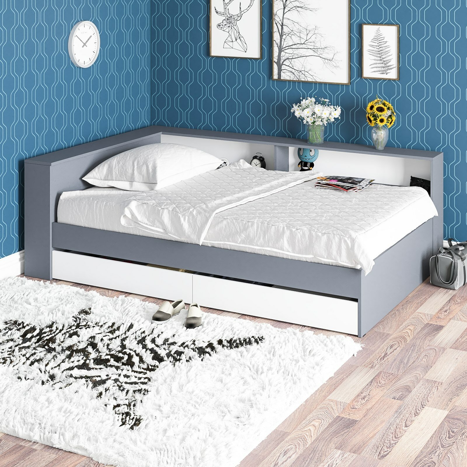 Кровать СВК Ксения 1200 с ящиками и блоком с полками, цвет графит/белый, 148х221,6х72 см.