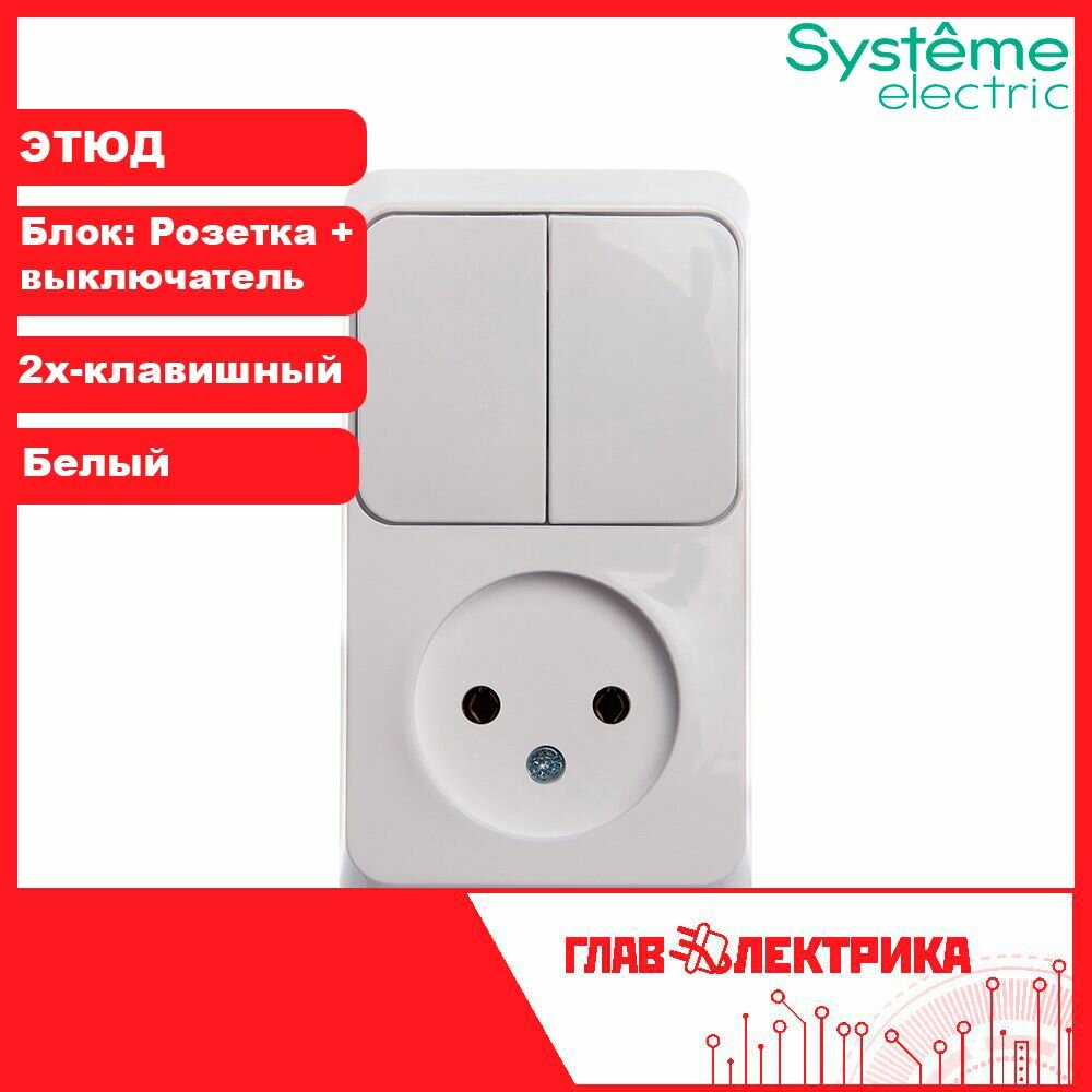 Блок розетка и выключатель 2-клавишный Schneider Electric Этюд BPA16-205B накладной, белый, IP20