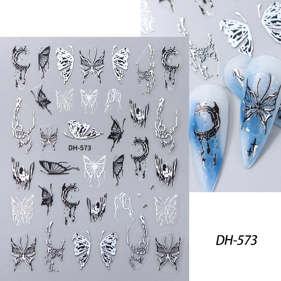 Металлик, серебристый, черный бабочка, 3D наклейки для ногтей, чернила, луна, звезда, сердце, клейкие ползунки, темные готические аксессуары для дизайна ногтей, наклейка