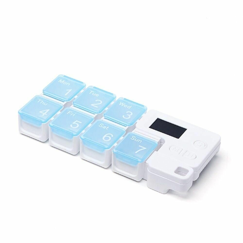 Умная коробочка для таблеток, портативная, большая вместимость, регулярное напоминание, 7 отделений, съемная, синий