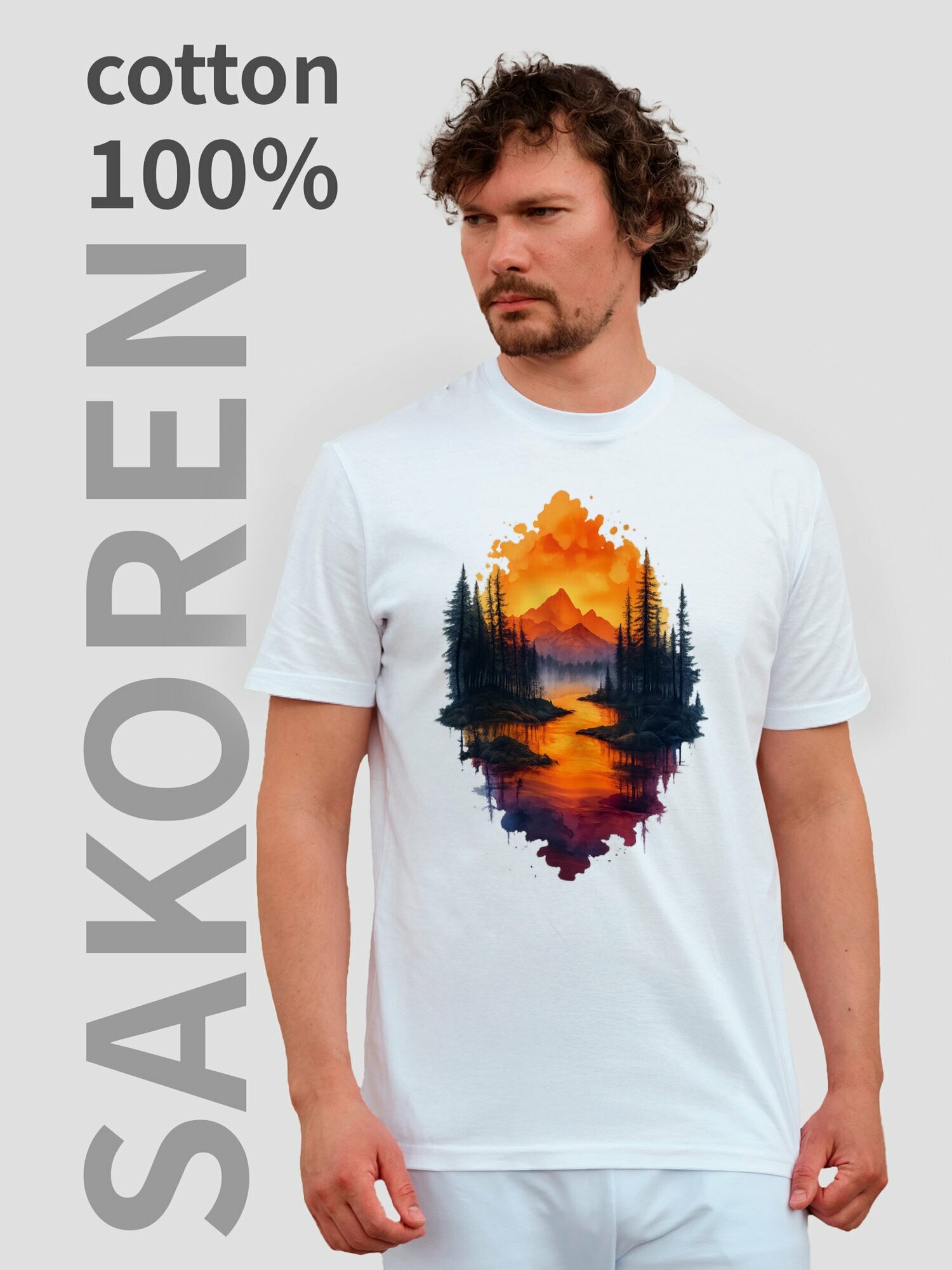 Футболка классическая мужская с авторским принтом Оранжевый закат с высокими горами и черным густым лесом у реки, белый хлопковый трикотаж с прикольным рисунком на груди