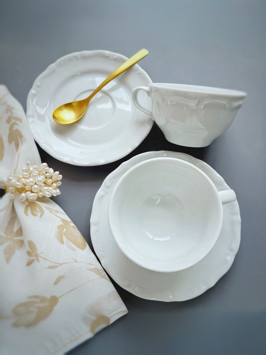 Набор чайная пара белая, с блюдцем Porland "Maria" 1 шт, 180 мл. Ударопрочный, профессиональный фарфор. Для чая, кофе, капучино, латте.