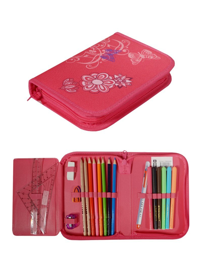 Пенал школьный 1отд. "Бабочки" с наполнением (23 предметов), фиолетово-розовый, ткань, ACTION