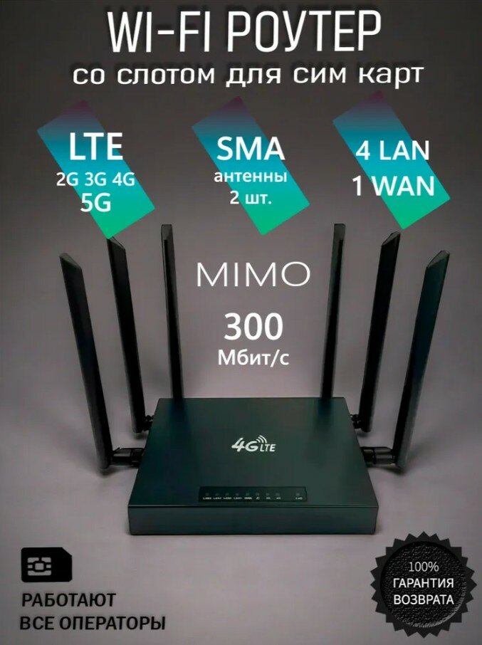 3G 4G Wi-Fi роутер слот для сим карт всех операторов CPE 300 Мбит/с, 2,4 ГГц 1хWAN, 4хLAN, съёмные SMA антенны