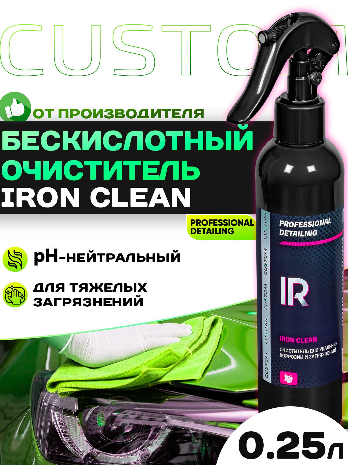 Очиститель колесных дисков и кузова автомобиля от металлических вкраплений с индикатором, нейтральный CUSTOM IRON Clean 250 мл