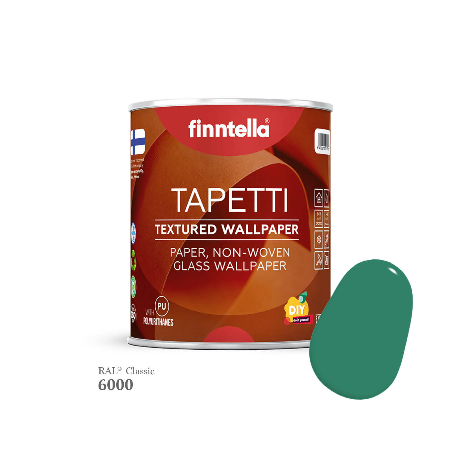 Шелковисто-матовая краска для обоев под окраску TAPETTI SILKKI Matta FINNTELLA, Цвет RAL 6000 Патиново-зеленый (Patina green), 0,9л