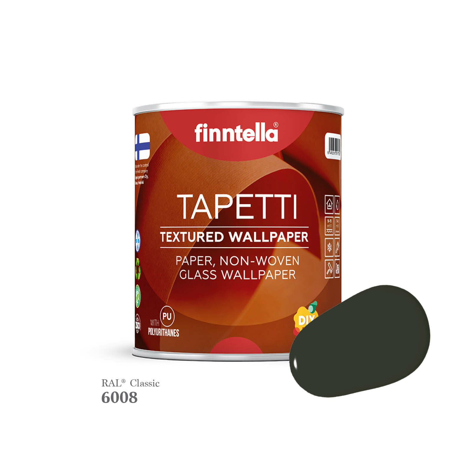 Шелковисто-матовая краска для обоев под окраску TAPETTI SILKKI Matta FINNTELLA, Цвет RAL 6008 Коричнево-зеленый (Brown green), 0,9л